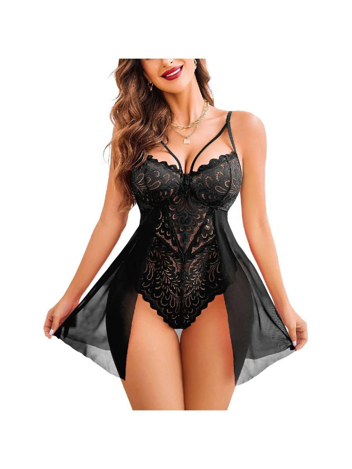 Сексуальный боди с вышивкой, Черный - S