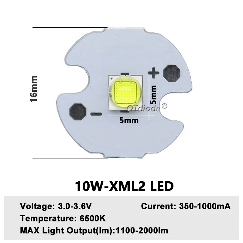 10W XML2 LED 16mm, 3-3.6V, 350-1000mA, 6500K
