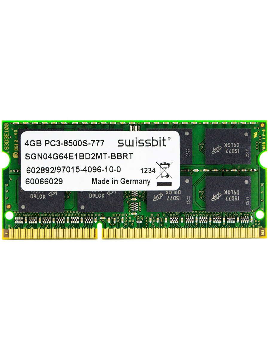 Модуль памяти для ноутбука SODIMM DDR3 4GB PC8500 1066МГц Swissbit SGN04G64E1BD2MT-BBRT