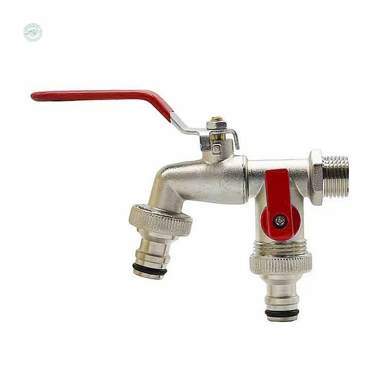 Садовый кран водоразборный двойной 1/2" на два выхода 3/4", шаровой кран из цинкового сплава для полива, дачи и орошения, быстросъёмный штуцер
