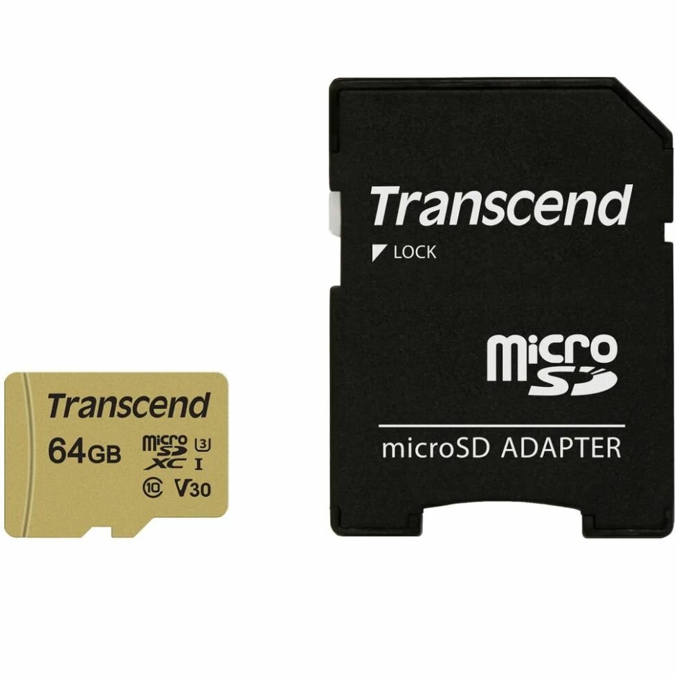 64 ГБ Карта памяти Transcend 500S (TS64GUSD500S) - microSDXC, UHS-I U3, чтение - 95 Мбайт/сек, запись - 80 Мбайт/сек