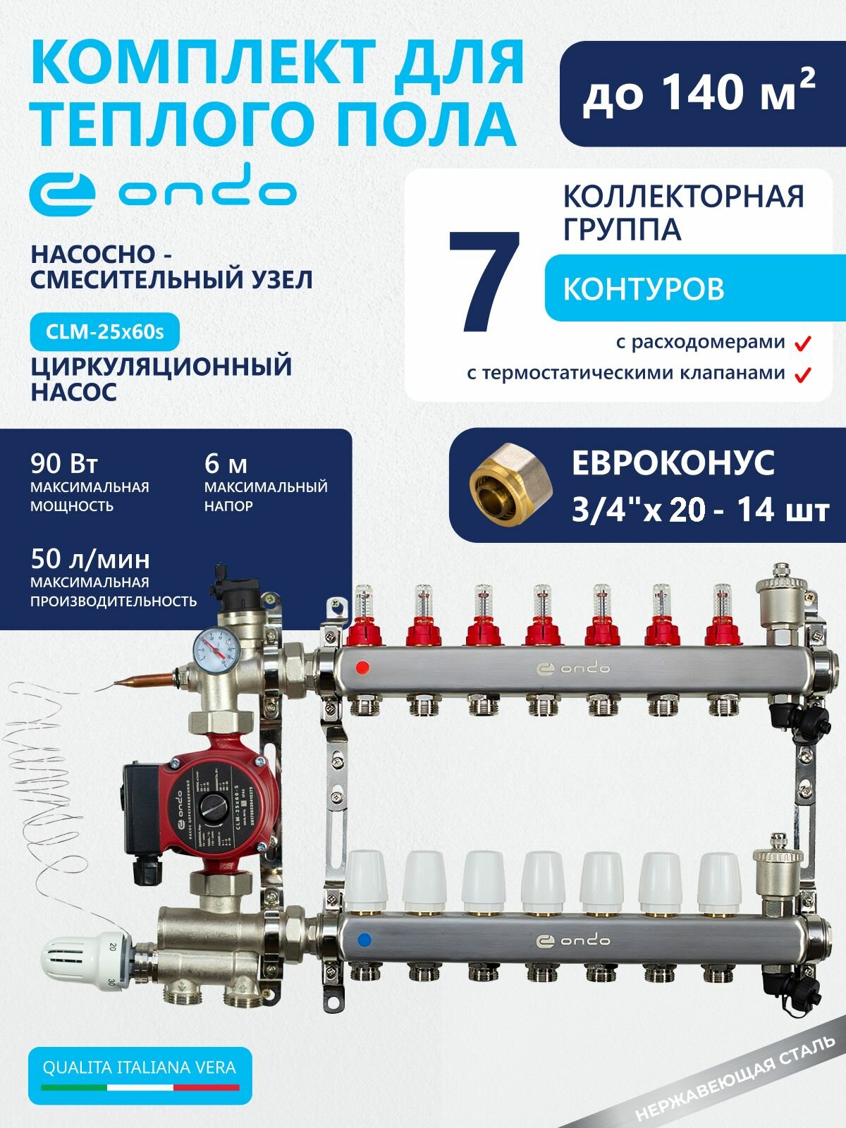 Коллектор для теплого пола 7 контуров, смесительный узел, с насосом , с расходомерами