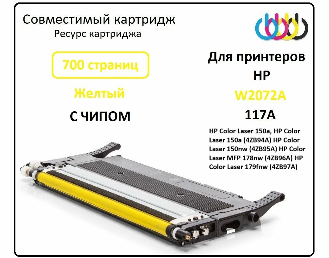 Совместимый картридж HP 117A, W2072A для HP Color Laser 150a, 150nw, 179fnw, 178nw, Yellow, с чипом