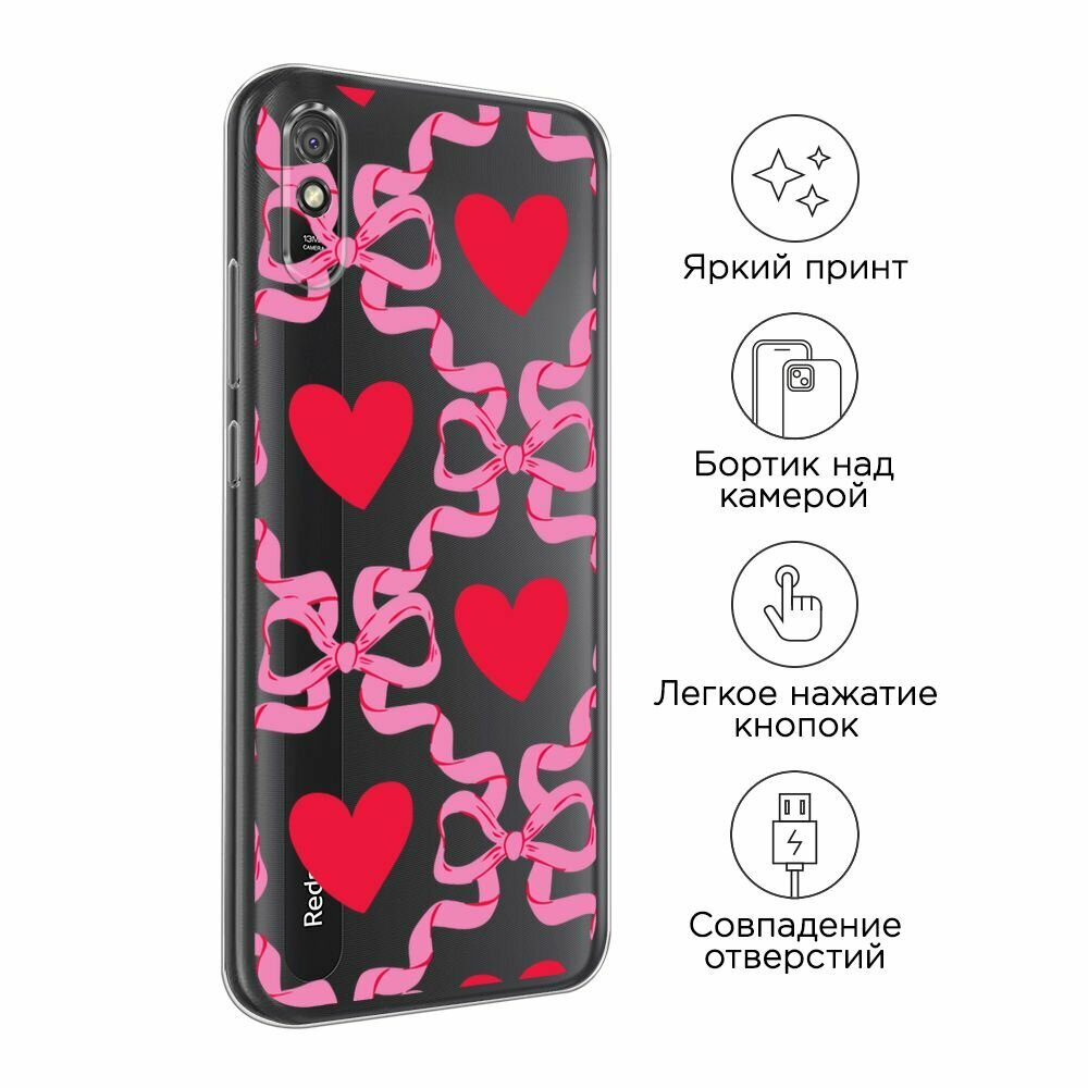 Чехол на Xiaomi Redmi 9A / Сяоми Редми 9А с принтом "Hearts and ribbons 2 - 14 февраля", прозрачный — фото 1