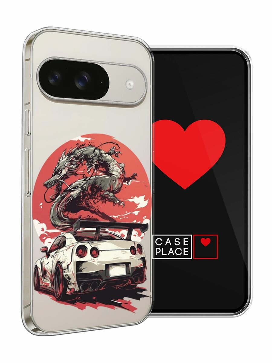 Чехол на Google Pixel 9 / Гугл Пиксель 9 с принтом "Car and dragon", прозрачный — фото 1