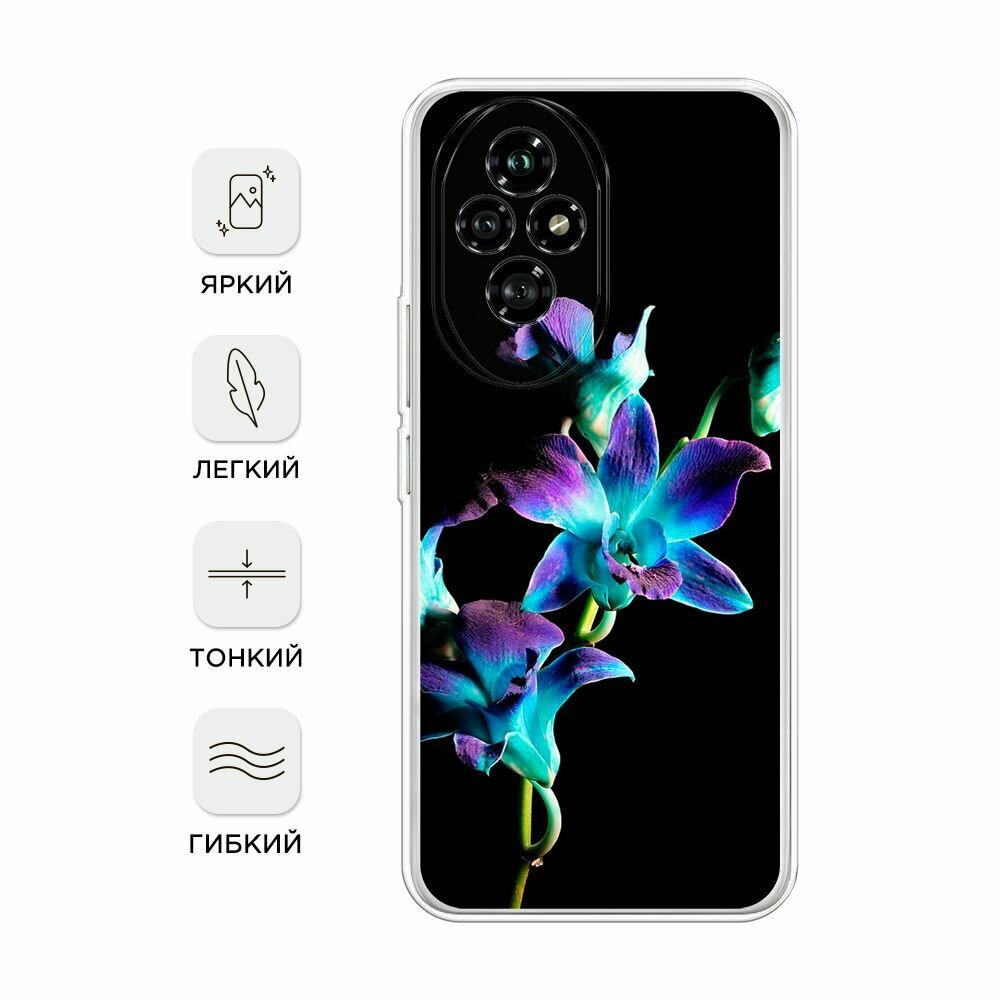 Чехол на Honor 200 / Хонор 200 с принтом "Синий цветок на черном" — фото 1