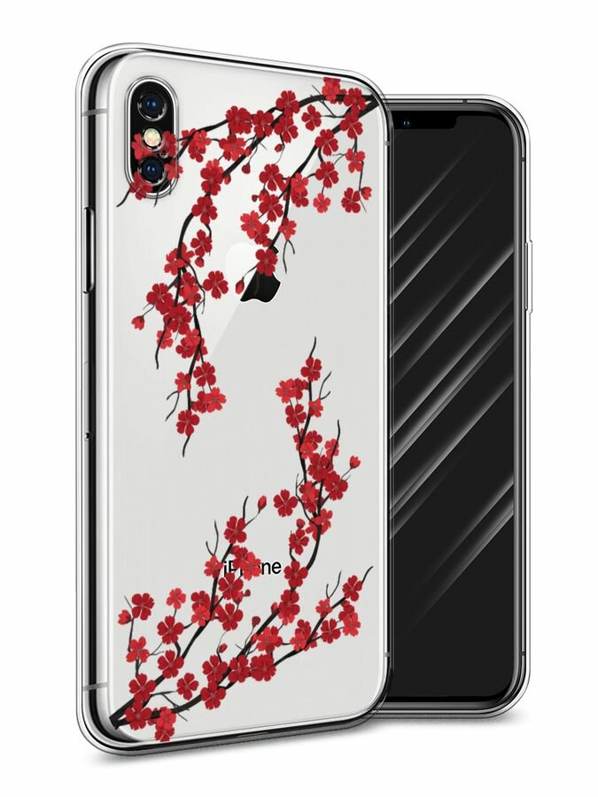 Чехол на Apple iPhone XS Max / Айфон XS Max с принтом "Красная сакура", прозрачный
