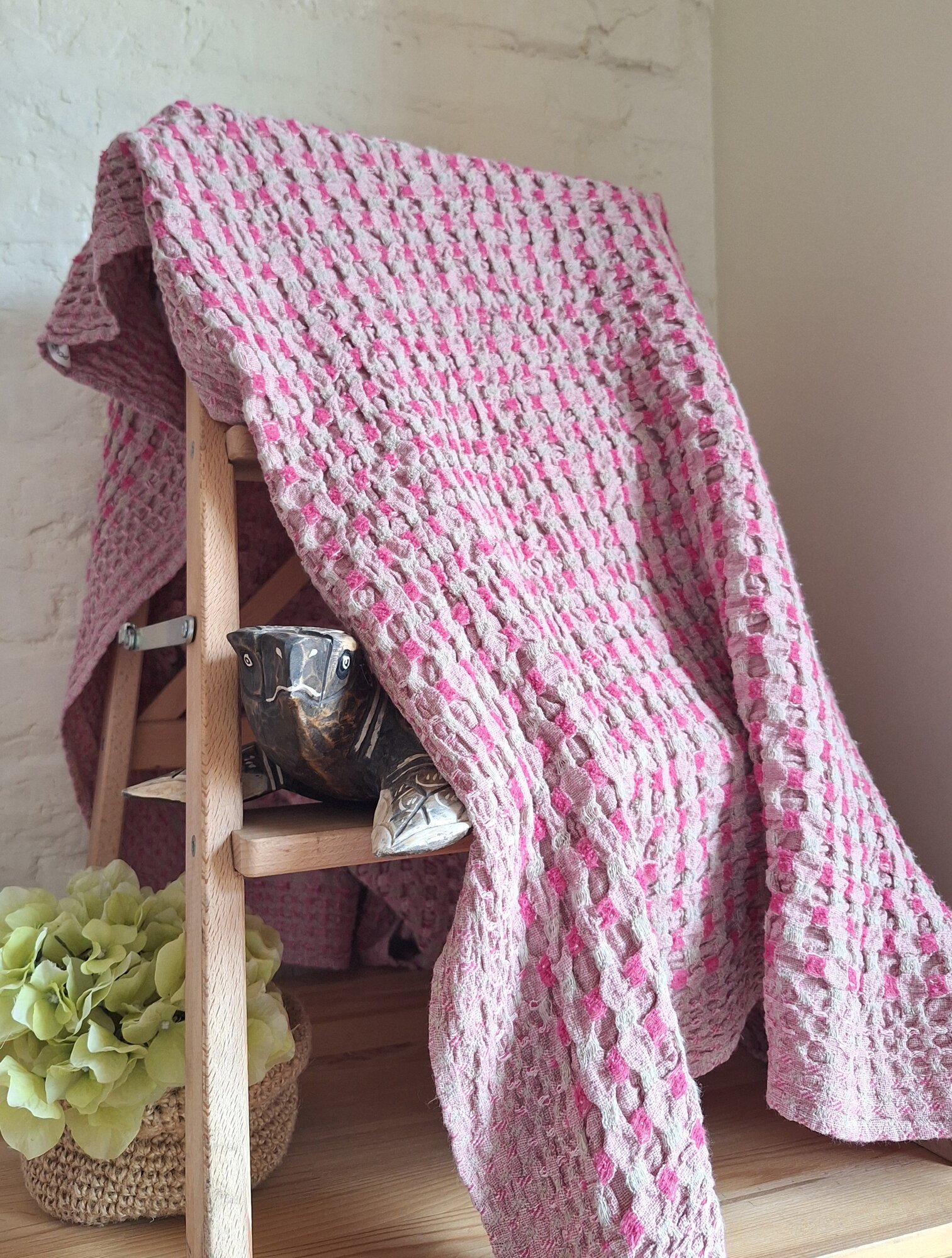 Полотенце банное льняное Домовой Розовое, умягченное полотенце 75х140 см