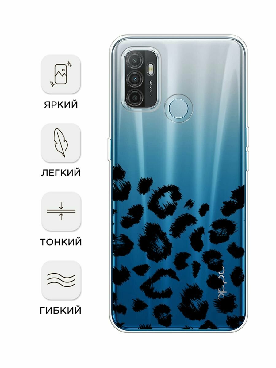 Чехол на Oppo A53 / Оппо А53 с принтом "Окрас леопарда фон черный", прозрачный — фото 1