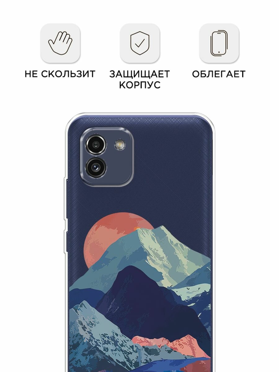 Чехол на Samsung Galaxy A03 / Самсунг Галакси А03 с принтом "Закат в снежных горах", прозрачный — фото 1