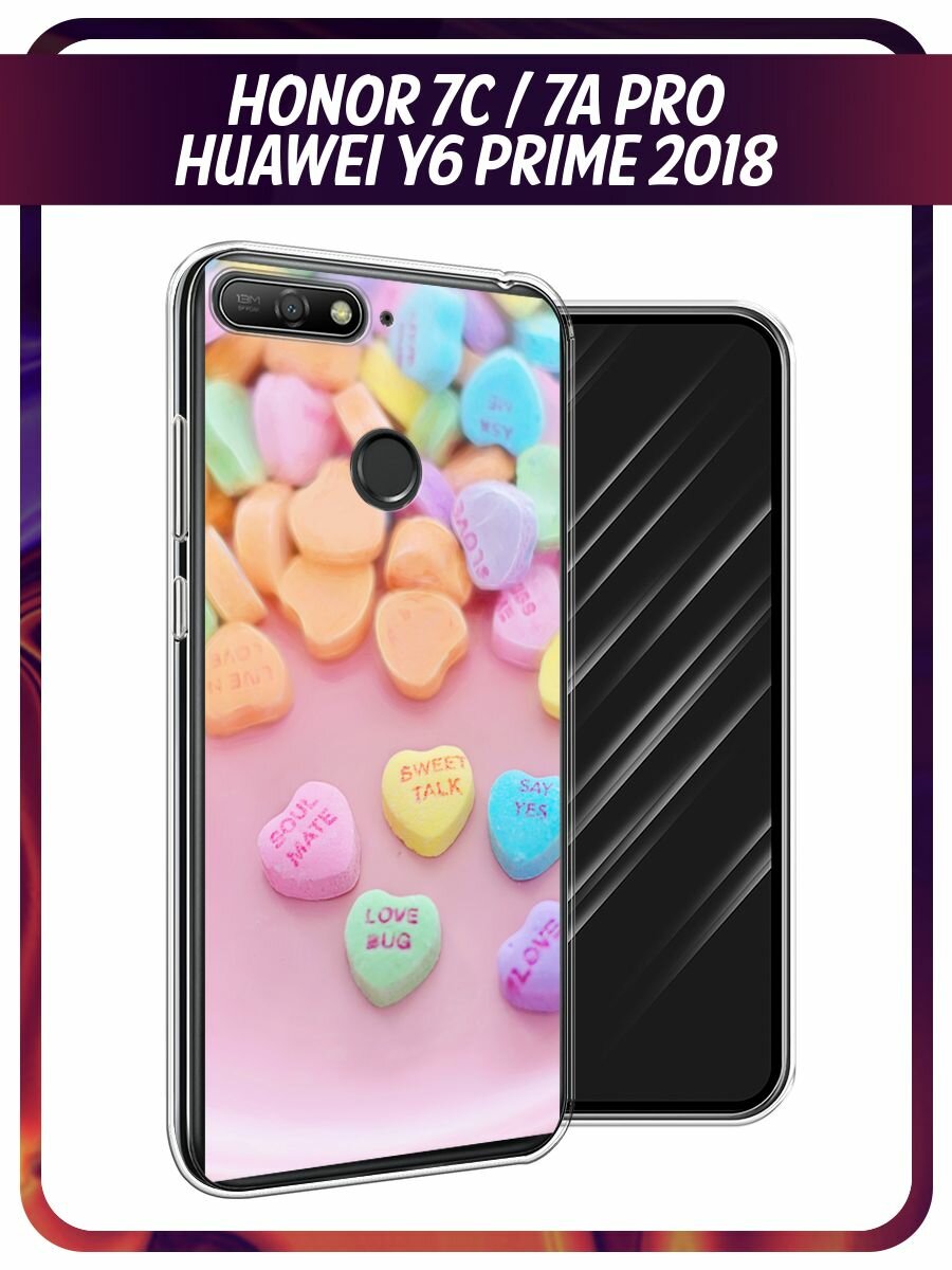 Чехол на Honor 7C/7A Pro/Huawei Y6 Prime 2018 / Хонор 7С/7А Про/Хуавей Y6 Prime 2018 с принтом "Конфетки сердечки 2"