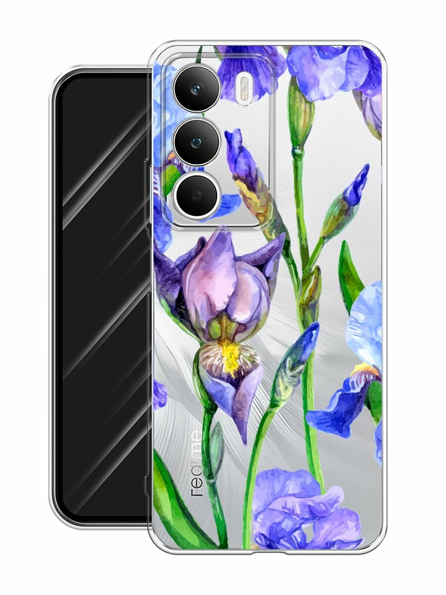 Чехол на Realme C71/P3 Lite 4G / Реалми С71/P3 Лайт 4G с принтом "Синие ирисы", прозрачный — фото 1