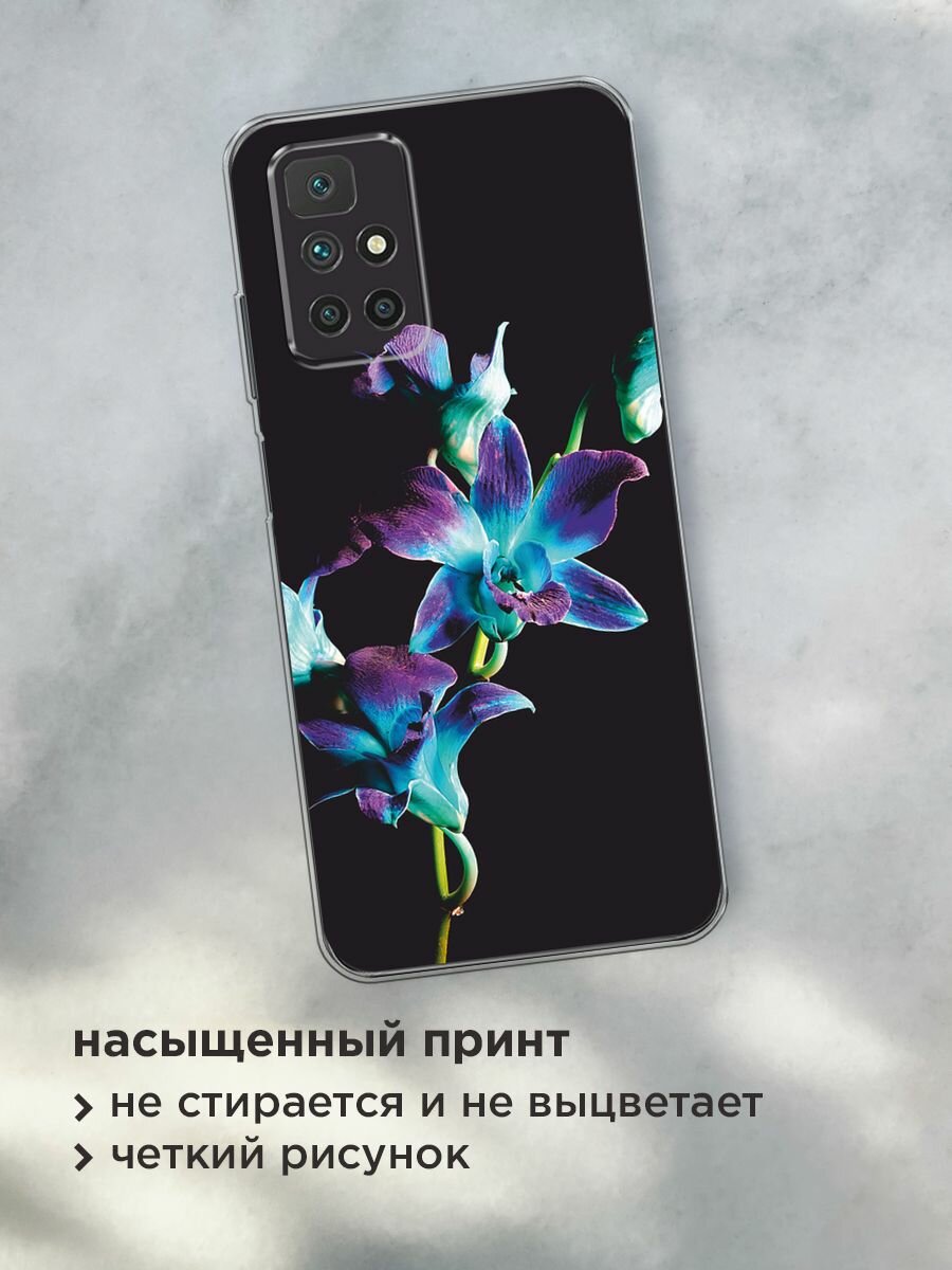 Чехол на Xiaomi Redmi 10 / Сяоми Редми 10 с принтом "Синий цветок на черном" — фото 1