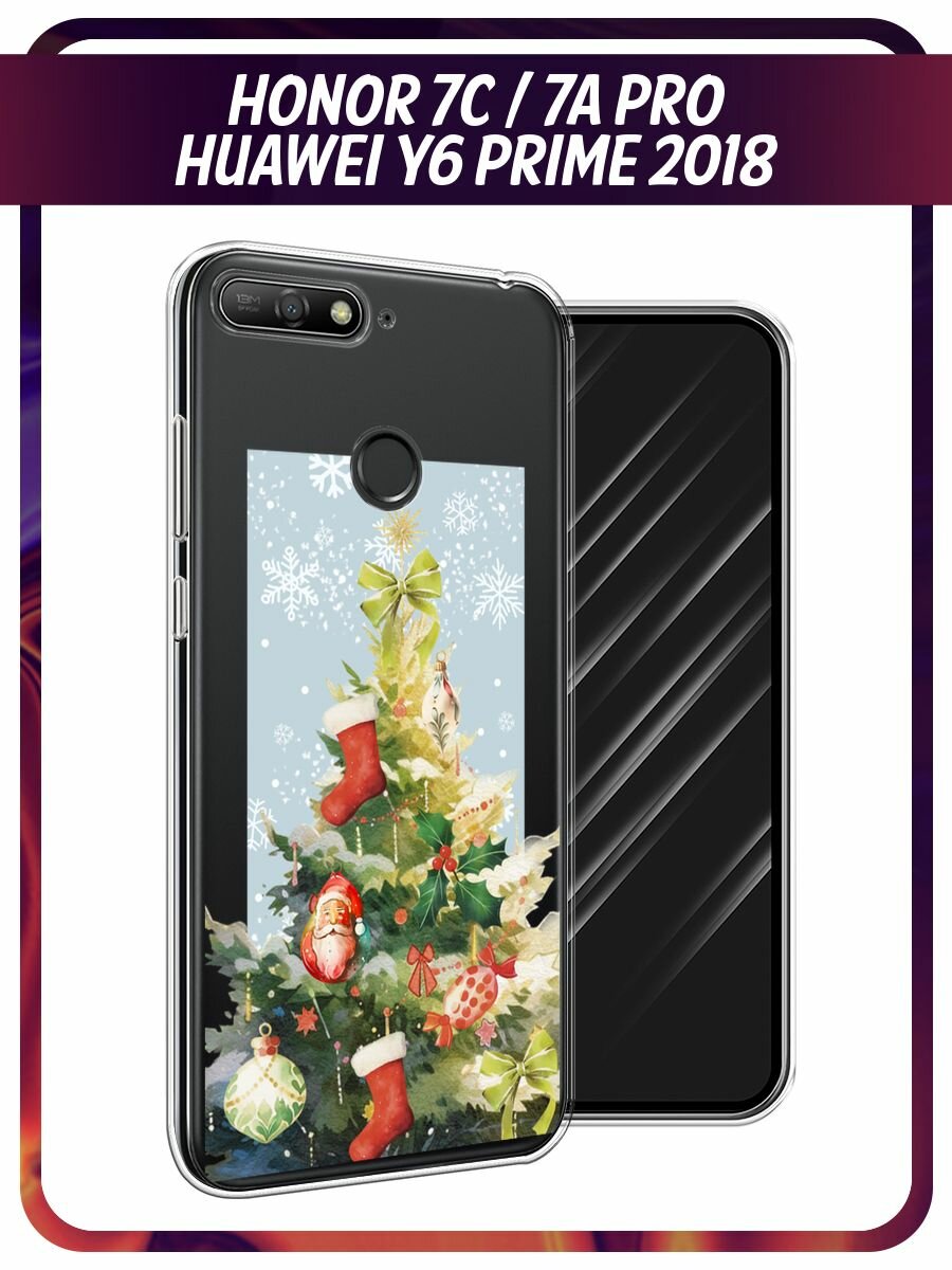 Чехол на Honor 7C/7A Pro/Huawei Y6 Prime 2018 / Хонор 7С/7А Про с принтом Нарядная ель акварель, прозрачный