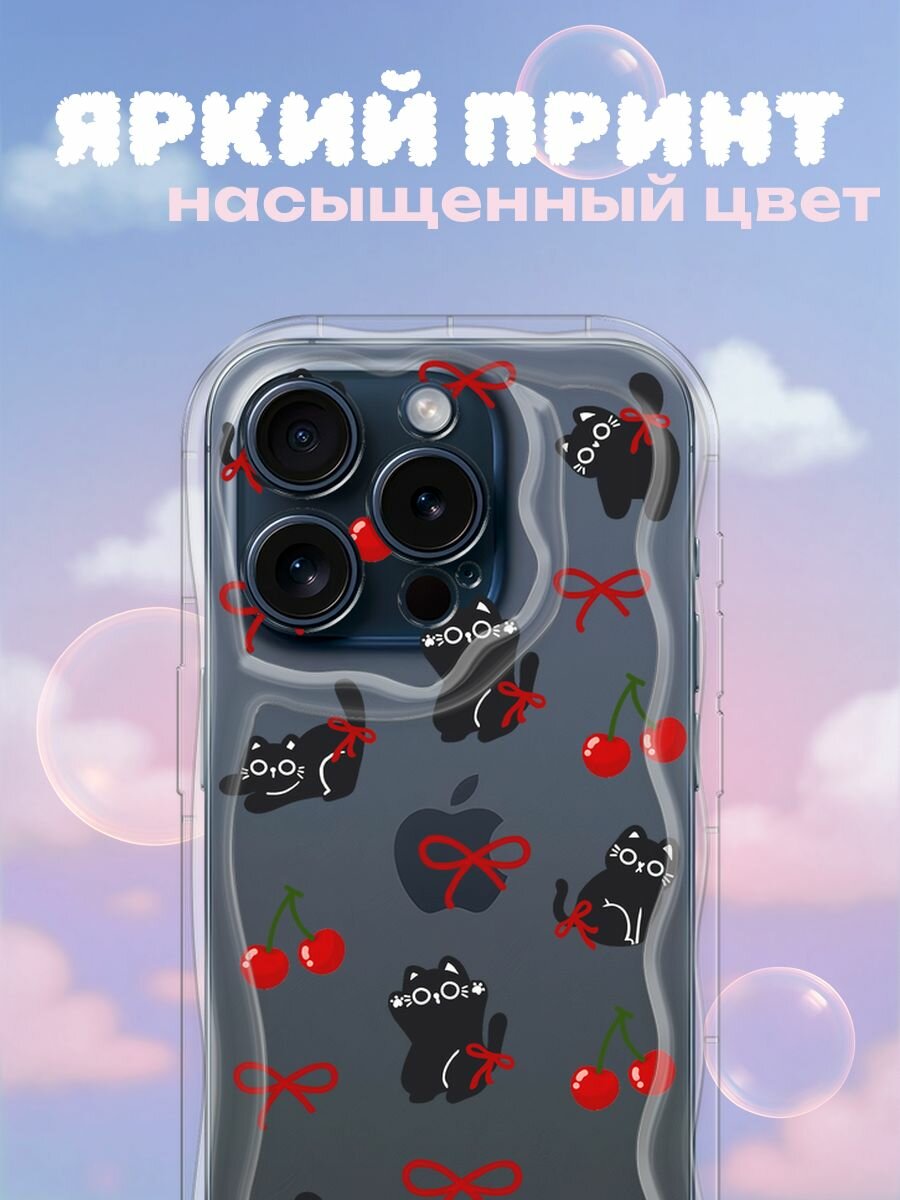 Чехол на Apple iPhone 15 Pro / Айфон 15 Про с принтом "Котик, вишня и бантики" — фото 1