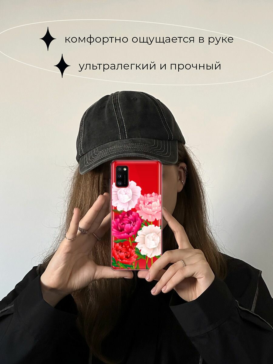 Чехол на Samsung Galaxy A41 / Самсунг Галакси А41 с принтом "Большие пионы", прозрачный — фото 1