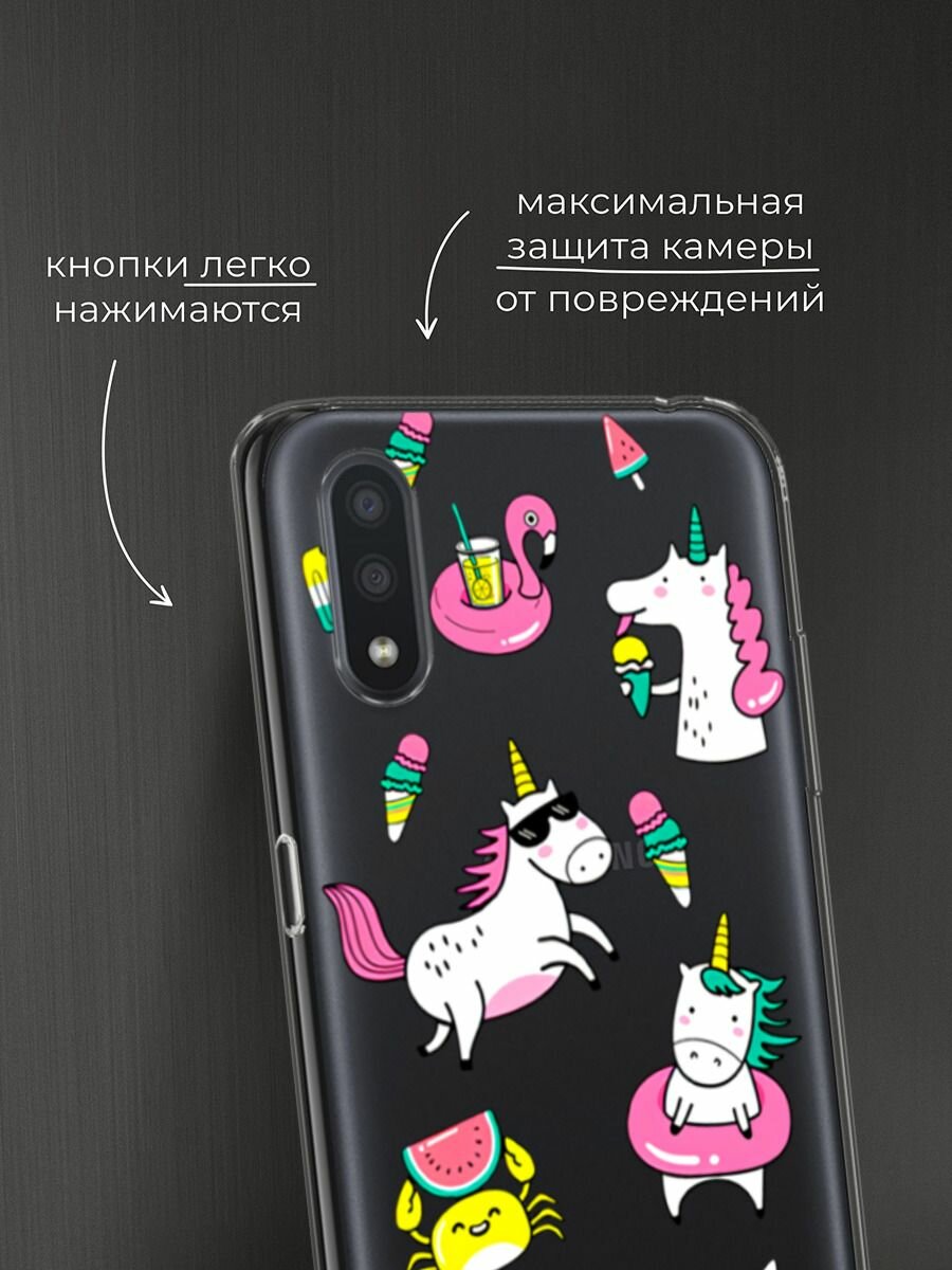 Чехол на Samsung Galaxy A01 / Самсунг Гэлакси А01 с принтом "Единороги в отпуске", прозрачный — фото 1