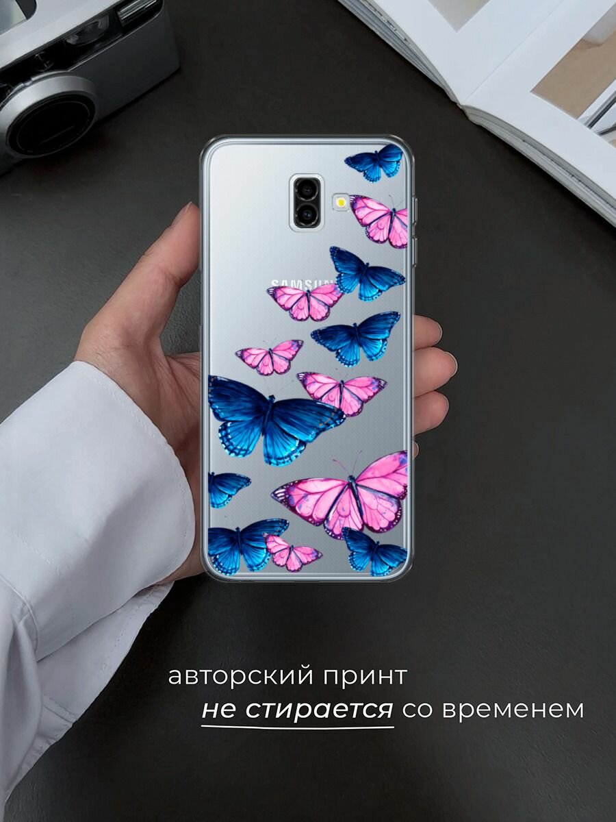 Чехол на Samsung Galaxy J6 + / Самсунг Галакси J6 Плюс 2018 с принтом "Взлетающие бабочки", прозрачный — фото 1