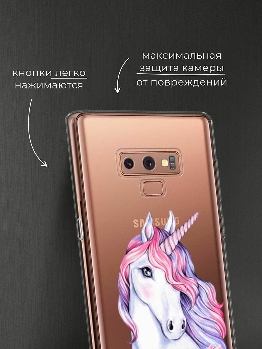 Чехол на Samsung Galaxy Note 9 / Самсунг Галакси Нот 9 с принтом "Единорог с пионами", прозрачный — фото 1