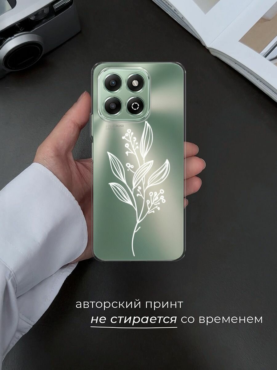 Чехол на Honor X6b / Хонор X6b с принтом "Ветка с листочками и цветами", прозрачный — фото 1
