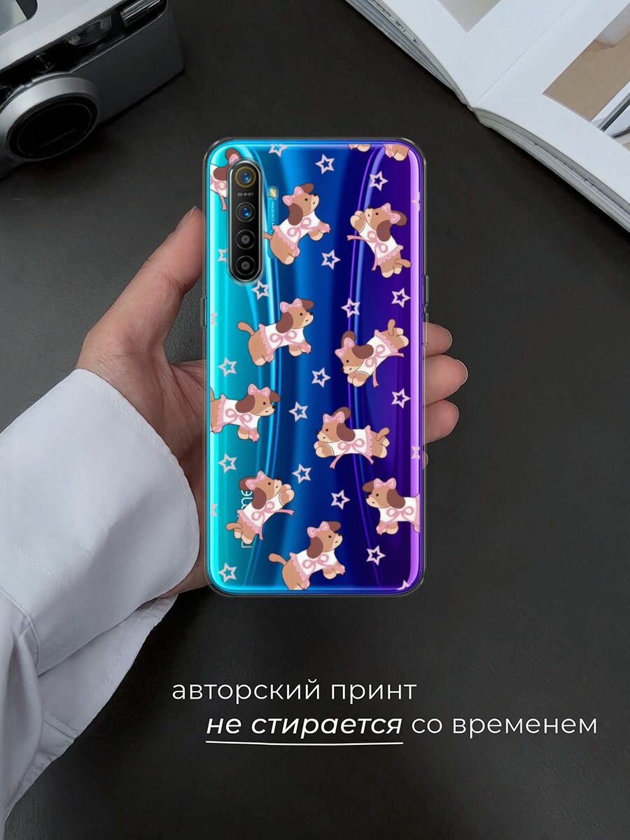 Чехол на Realme XT / Реалми XT с принтом "Милый щенок с бантиком", прозрачный — фото 1