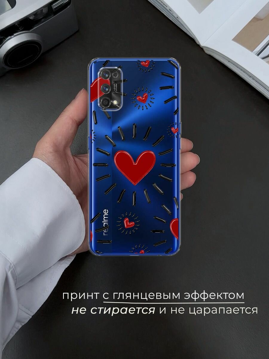 Чехол на Realme 7 Pro / Реалми 7 Про с принтом "Бордовые сердца паттерн" — фото 1