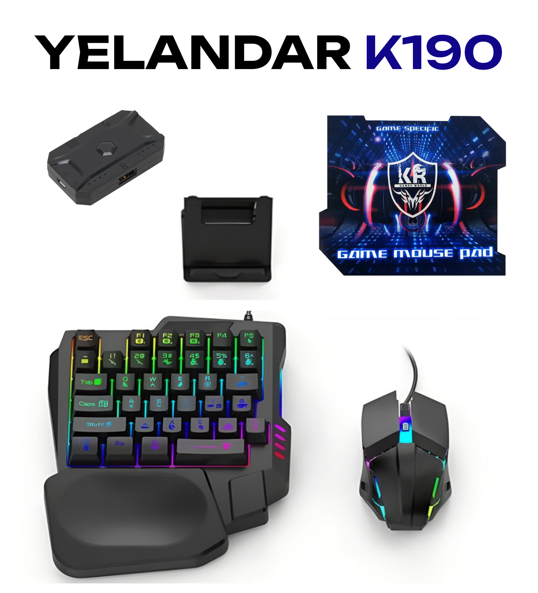 Игровой набор для телефона 5 в 1 YELANDAR K190 / Клавиатура + Мышка + Коврик + Конвертер для смартфона + Подставка