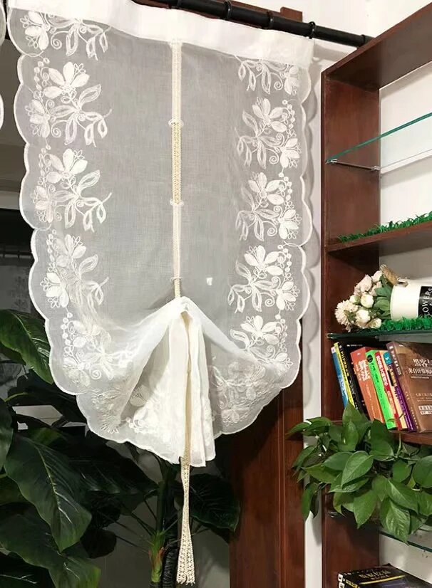 Шторы LINQIAO кружевные бежево-белые с цветочным орнаментом 63cmW 110cmH, beige white style 1