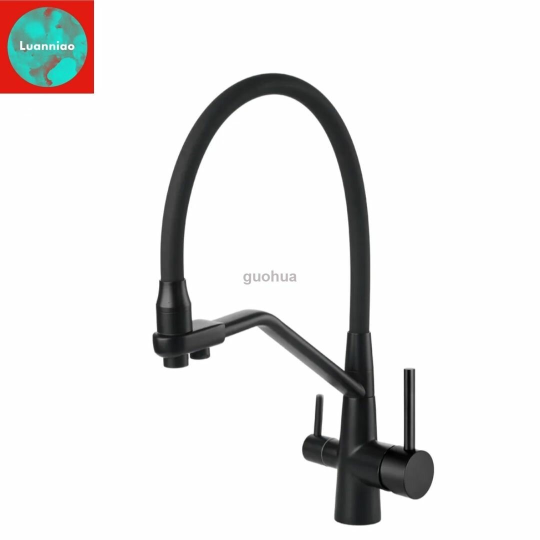 Смеситель для кухни под фильтр для питьевой воды Luanniao 628-black с гибким изливом / высокий, поворотный 360 градусов / латунь / черный