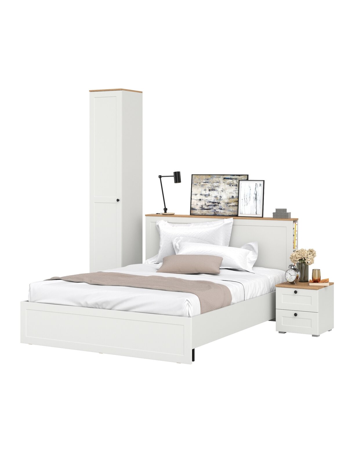Кровать со спальным местом 1600 с основанием Остин с тумбой прикроватной и шкаф-пенал, белый шагрень/дуб крафт