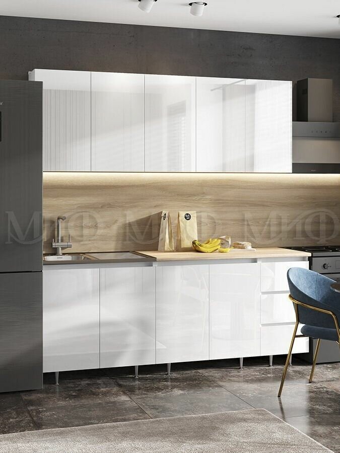 Кухонный гарнитур Челси ЛДСП 2м белый глянец со столешницей, МИФ