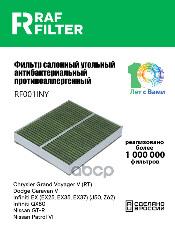 Фильтр салона угольный антибактериальный противоаллергенный RAF Filter RF001INY RAF FILTER арт. RF001INY