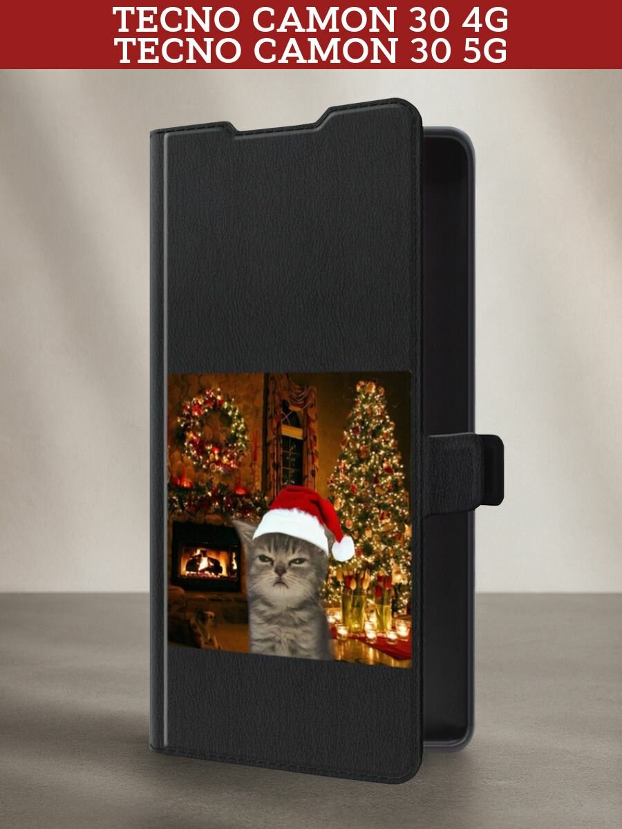 Чехол-книжка на Tecno Camon 30 4G/Tecno Camon 30 5G / Текно Камон 30 4G с рисунком Сонный котенок в новый год, черный