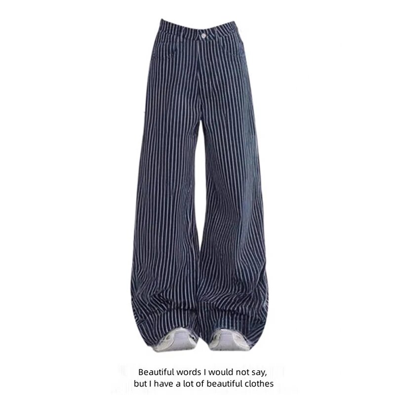 Женские джинсы Чистый цвет Синее полосатое Oversize японский 2000-х Харадзуку винтаж осень