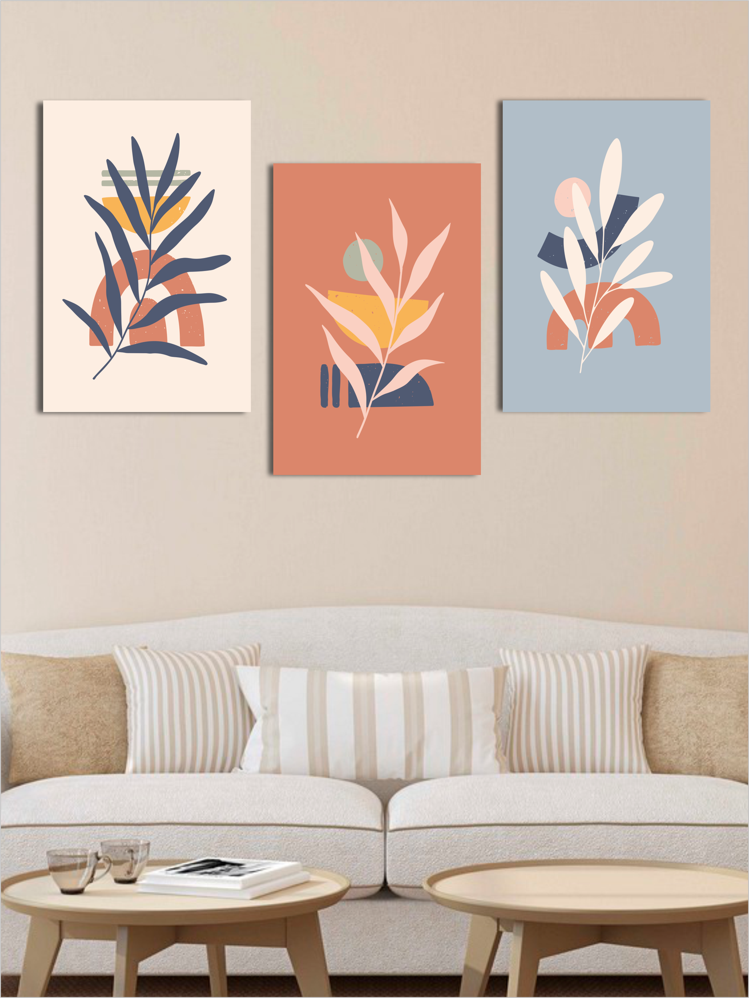 Модульная картина для интерьера на стену минимализм. Ветки и фигуры 40х60 см - 3 штуки на холсте на подрамнике