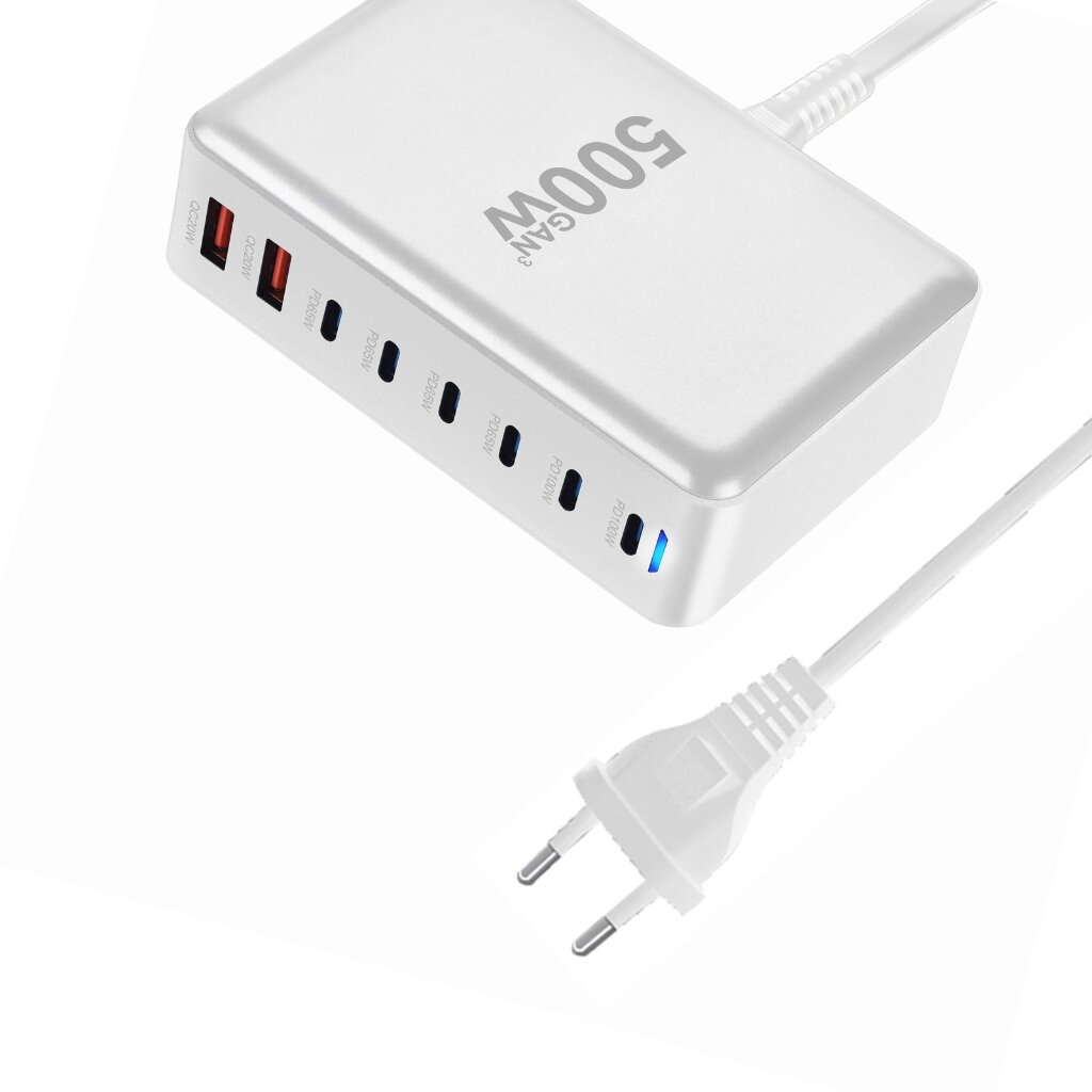 Многофункциональное зарядное устройство 6C2A 8-портовое настольное зарядное устройство на 500 Вт с зарядным устройством на основе нитрида галлия-белый-штекер европейского стандарта
