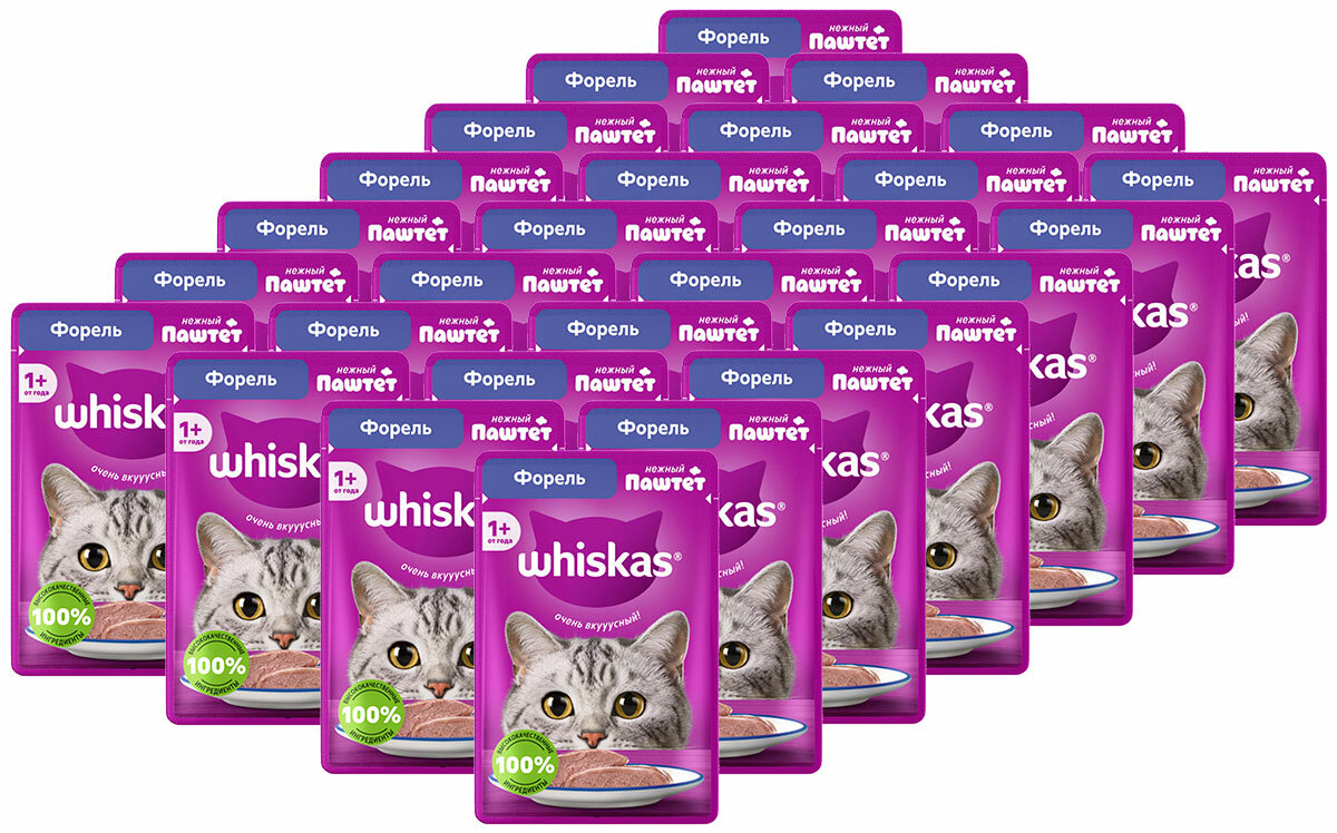 Корм влажный Whiskas для взрослых кошек паштет, форель, 75 гр х 28 шт