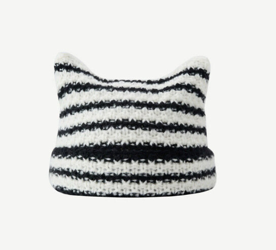 Вязаная шапка для женщин осенью и зимой в японском стиле, милые кошачьи ушки, теплая шерстяная шапка в полоску, универсальный пуловер для пар, модная шапка.