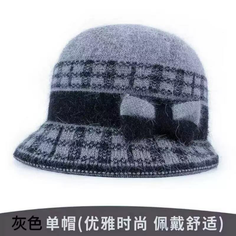 Зимняя утолщенная бархатная шляпа для мамы среднего и пожилого возраста, шапка-тазик с бантом, теплая вязаная шерстяная шапка с кроличьим мехом для игр на открытом воздухе