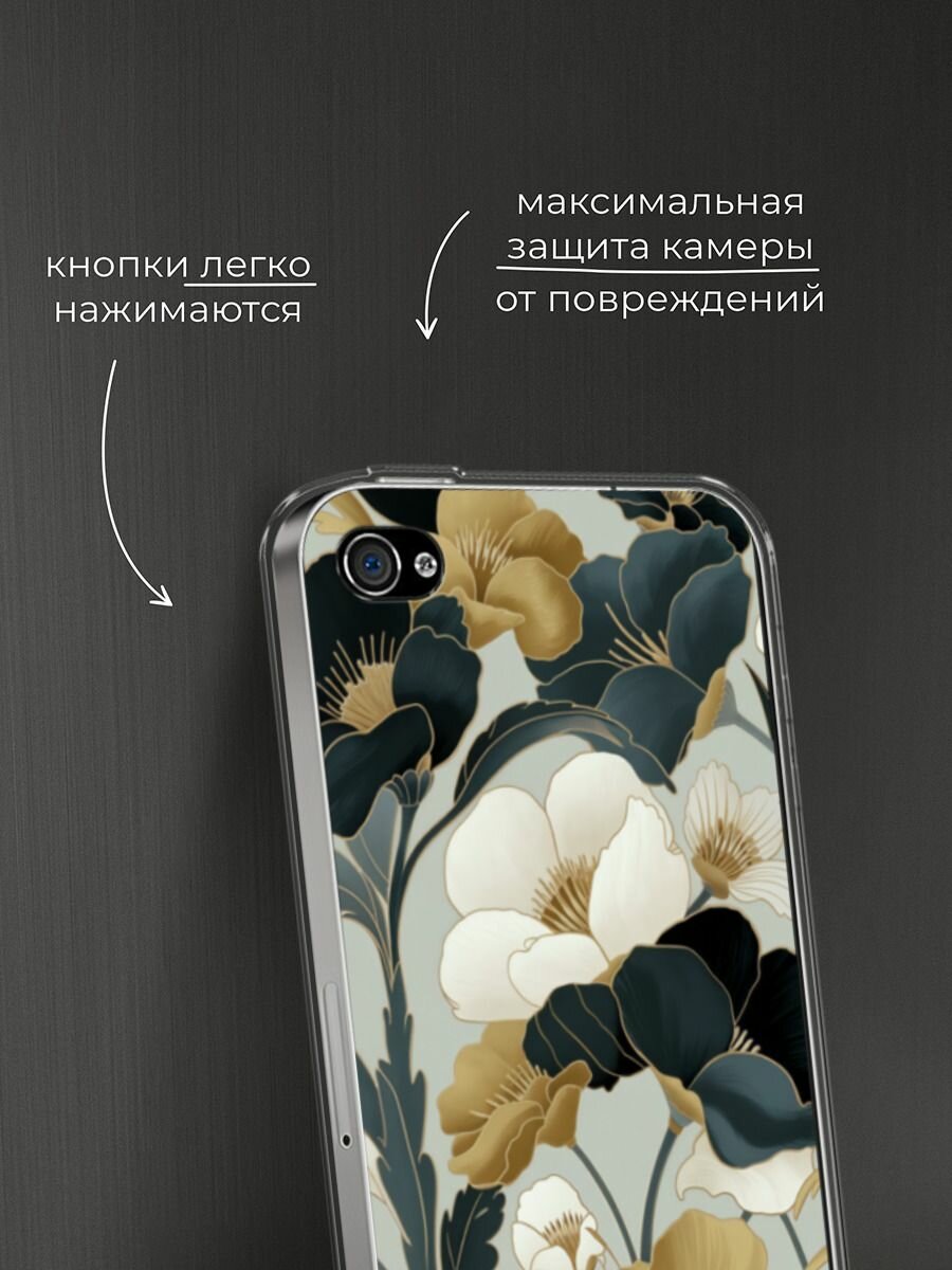 Чехол на Apple iPhone 4/4S / Айфон 4/4S с принтом Золотые и белые цветы — фото 1