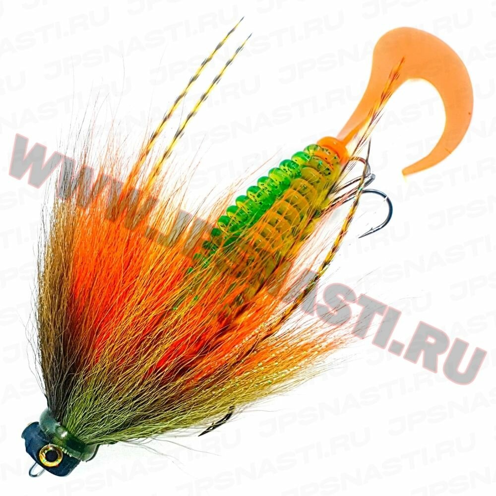 Бактейл оснащенный Boroda Baits Bearded Mouse Micro, #303 - Green / Fl. Orange / Приманки для ловли щуки и судака