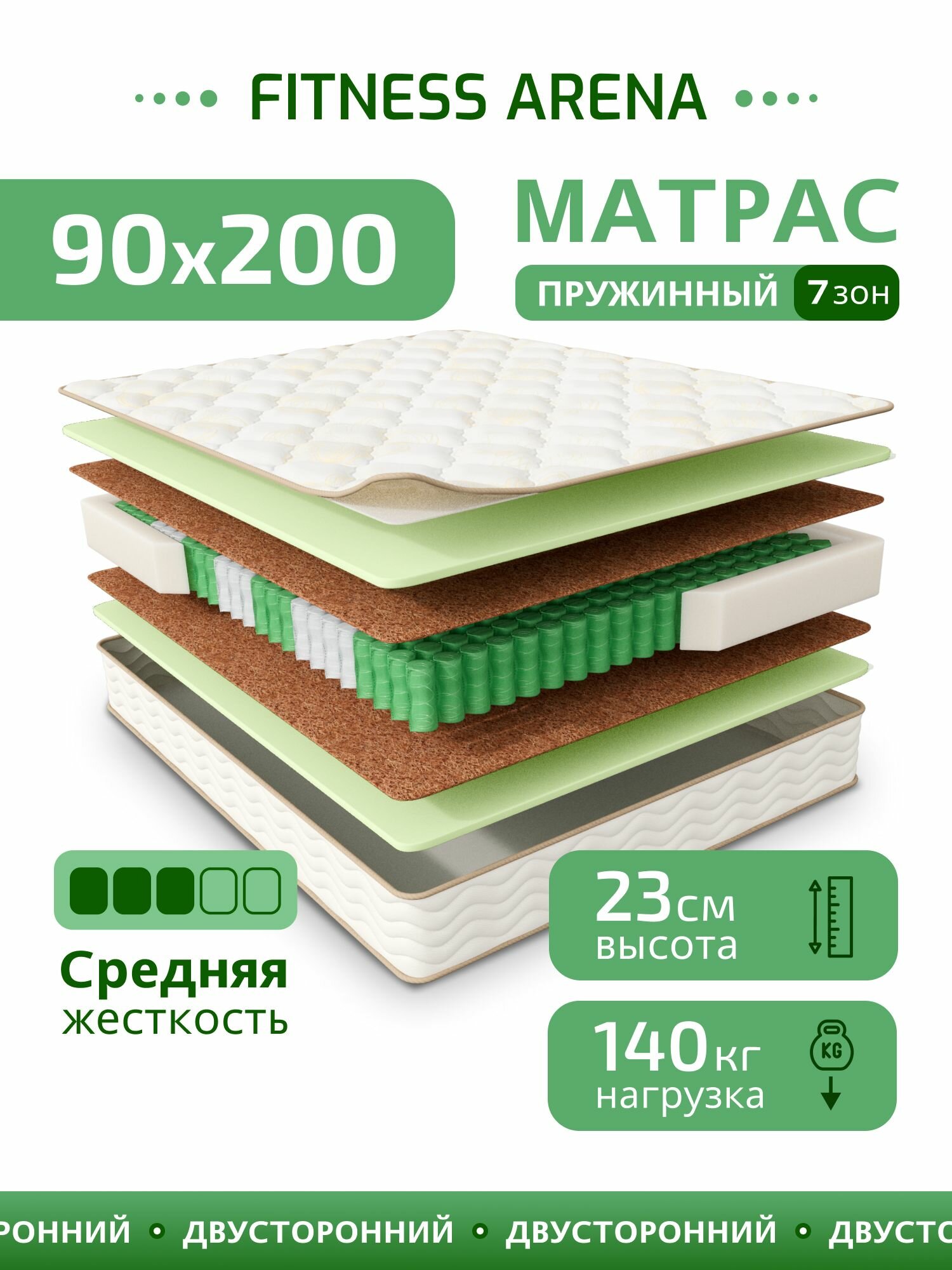 Мир Матрасов, Матрас 90х200 см, Fitness Arena, независимые пружины, высота 22 см, ортопедический пружинный, 1 шт, белый