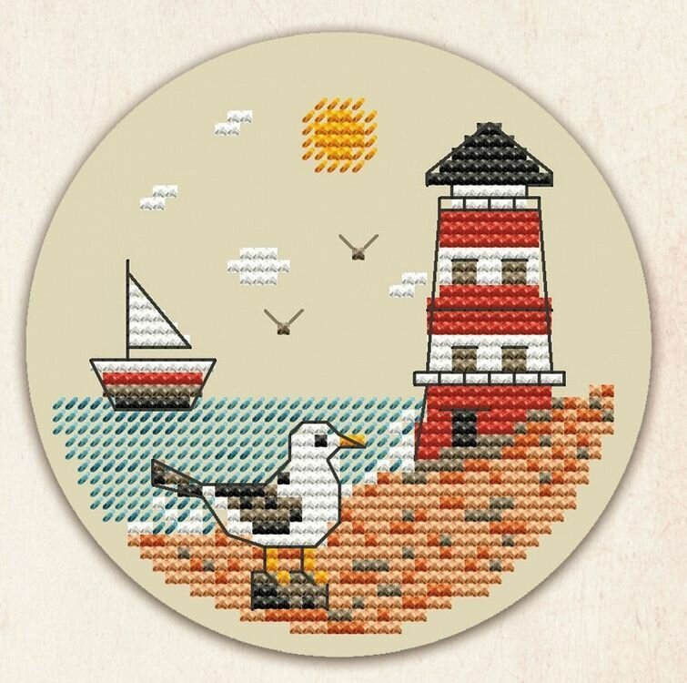 Вышивка нитками набор Неокрафт "Побережье" 10x10 см, Птицы Маяк Корабли