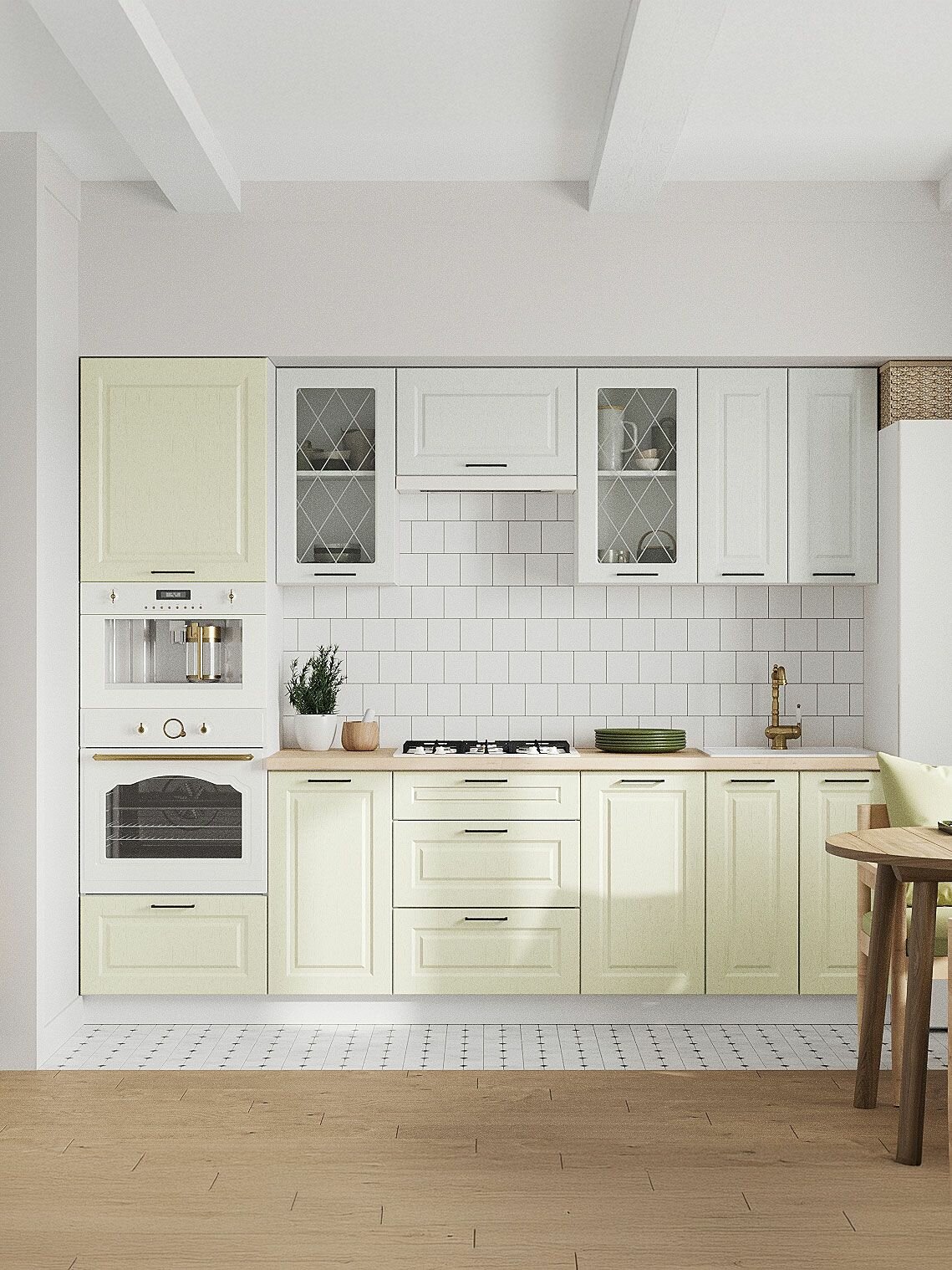 Кухонный гарнитур Шервуд 2.6 м, мебель для дома и кухни, Белый / Арктик со стеклом / Дуб кремовый