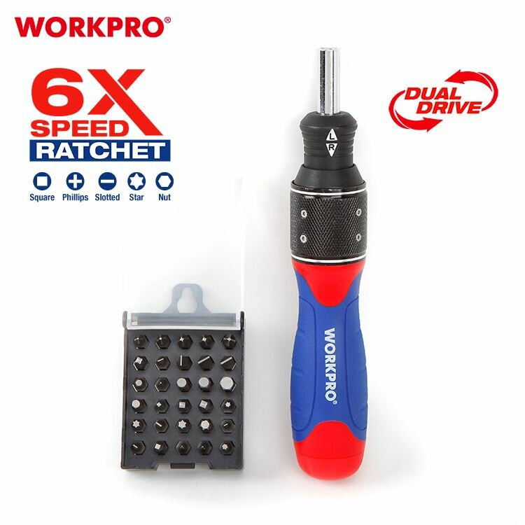 Отвертка с набором бит 32шт, двойной привод WORKPRO