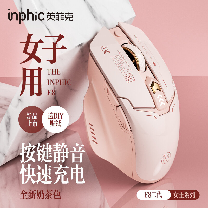 Беспроводная бесшумная мышь Inphic F8, зарядка Type-C, розовая, для девочек, бизнеса, офиса, маленьких рук, без