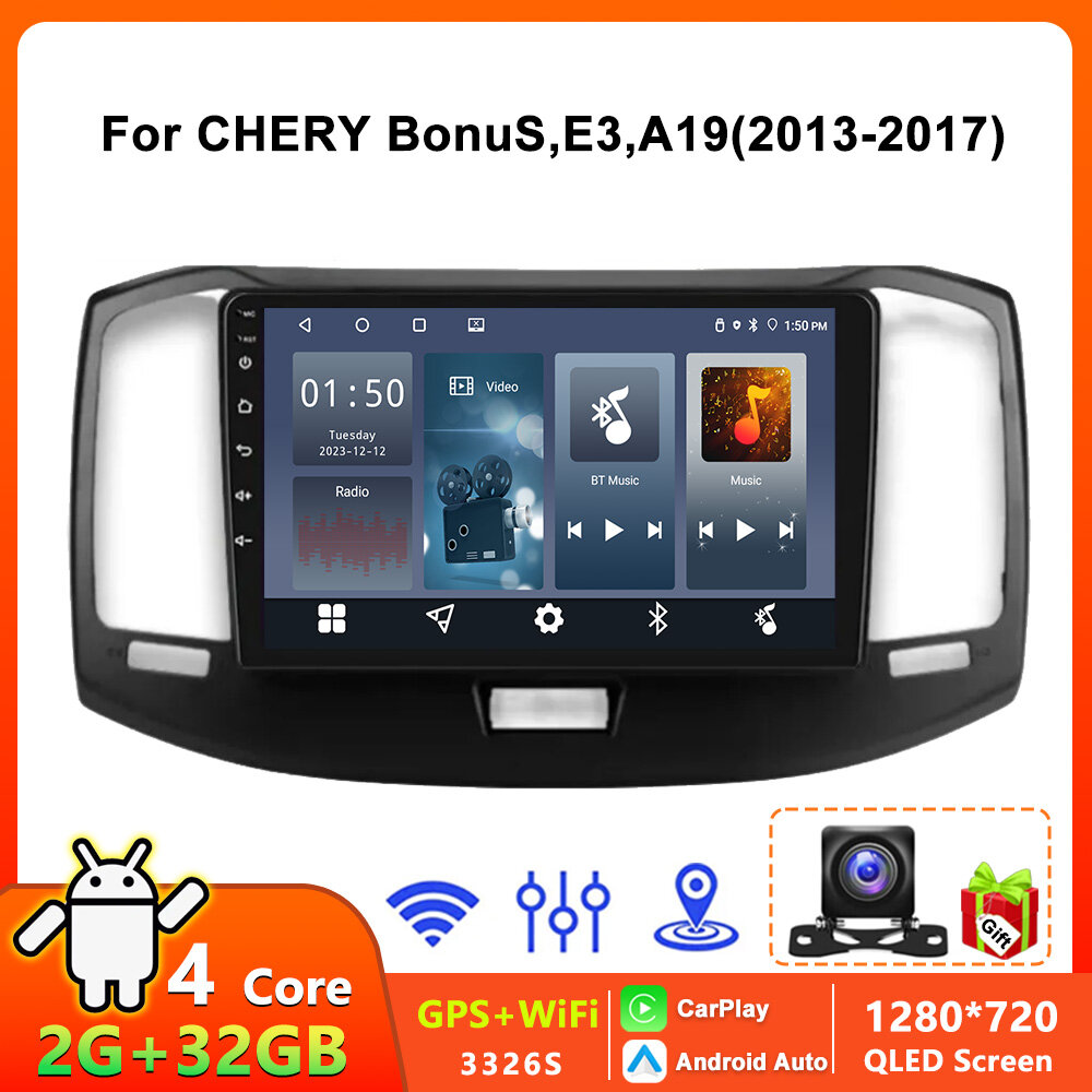X-REAKO Автомагнитола для CHERY BonuS E3 A19 (2013-2017) Android 13, FM/RDS, carplay/Android Auto, WiFi, Bluetooth, GPS
