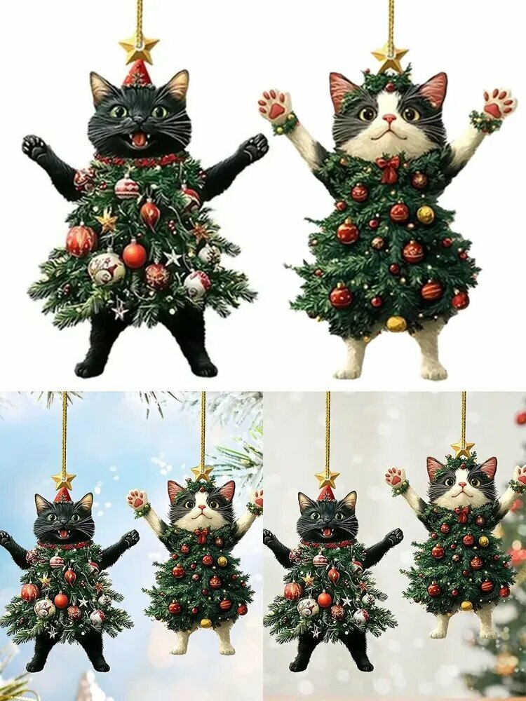 Елочные украшения "Кот", рождественский кулон, 8 см, черно-белые, 2 штуки
