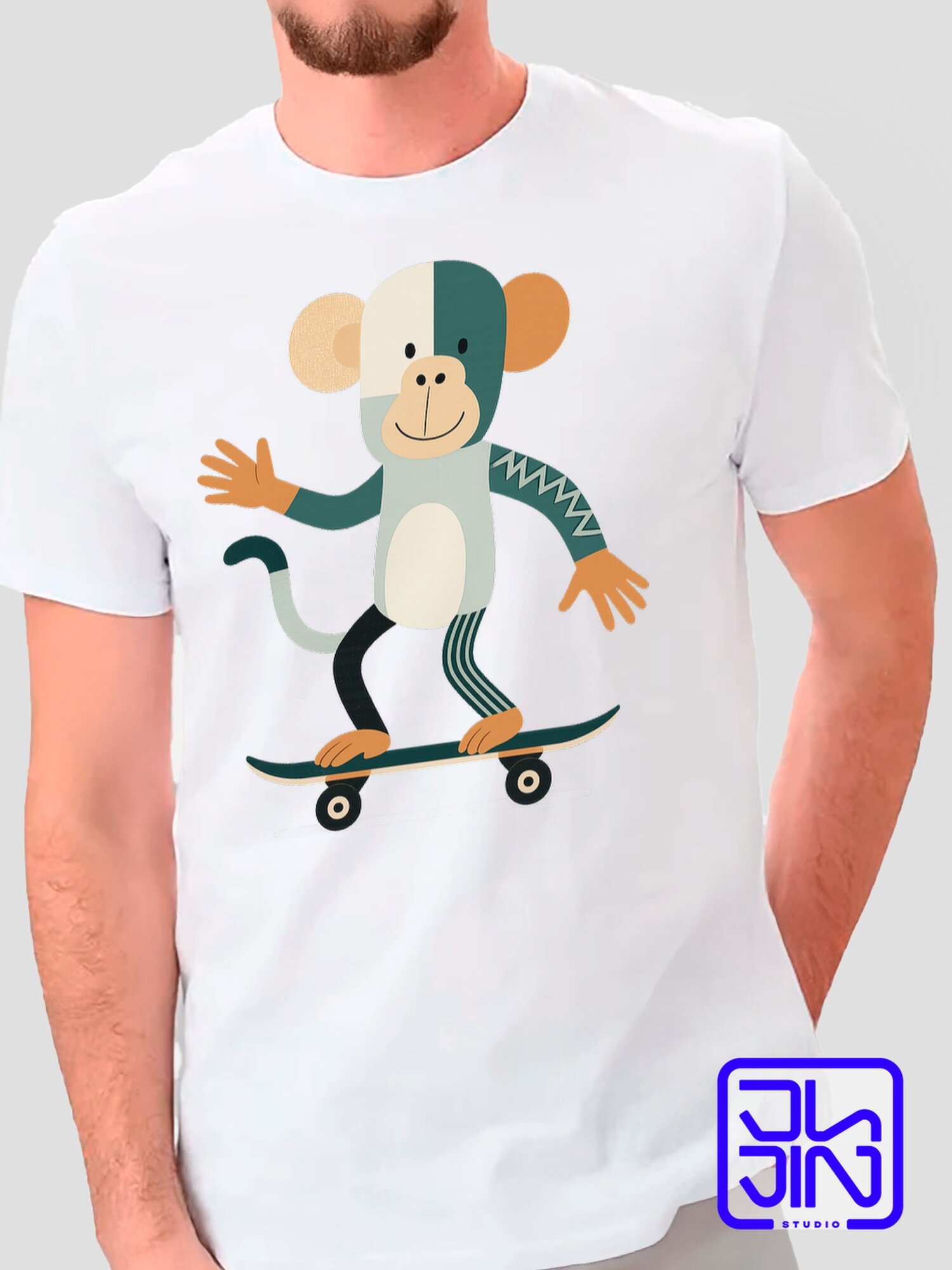 Футболка Jujin Studio классическая мужская с авторским принтом Веселая бирюзовая обезьяна на скейтборде, уличный морской экстрим стиль, белый хлопковый трикотаж с прикольным рисунком на груди