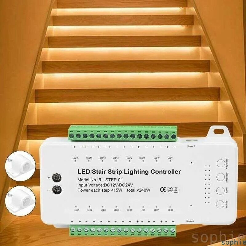 16 ступеней Led Stair Light Контроллер лестницы, с 2 датчиками движения PIR, для гибкой светодиодной ленты COB